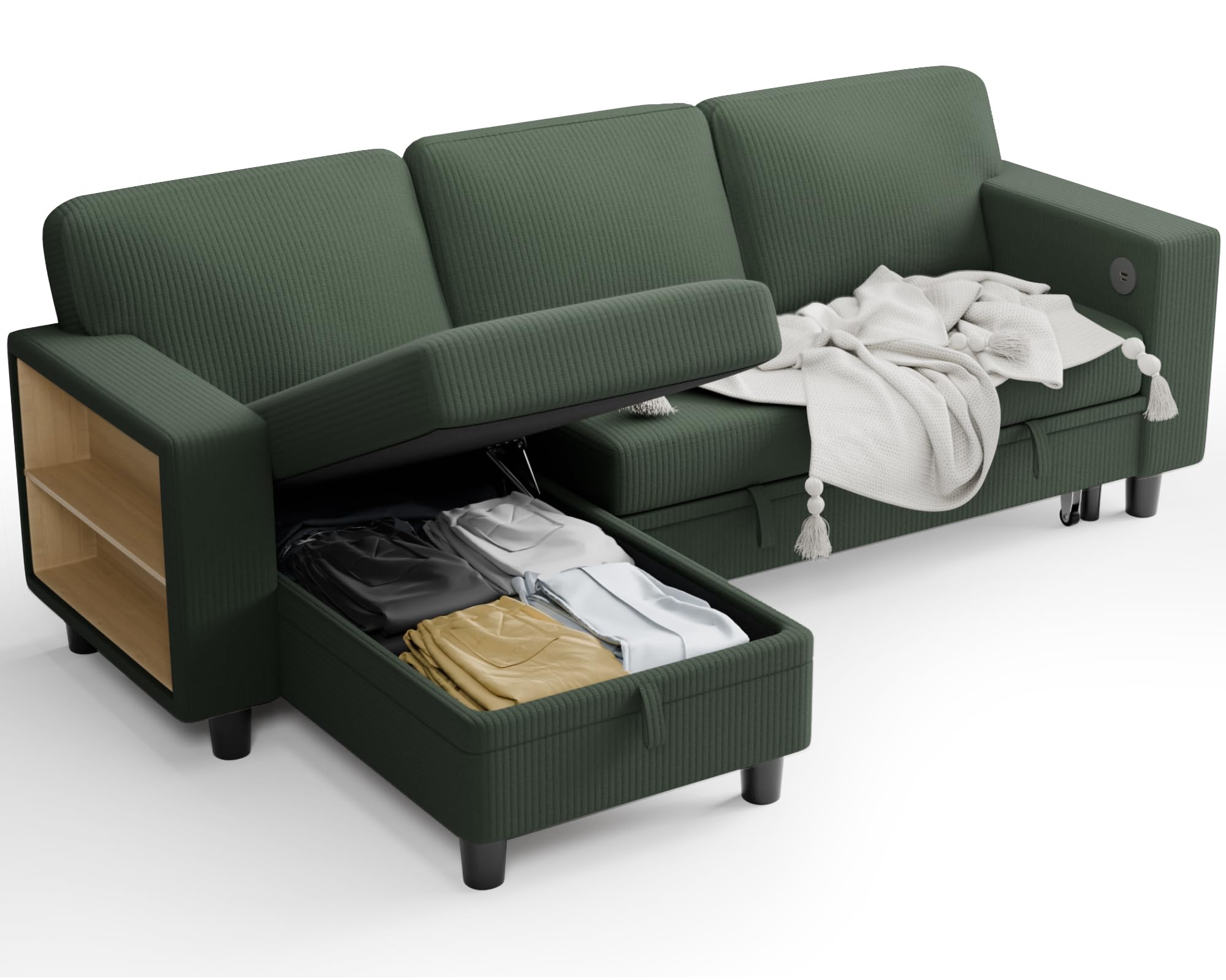 JUMMICO 80″ Sleeper Sofa Bed, 2-in-1 L Shaped Sectional Couch with Storage Chaise, USB Charging Ports & 2 Built-in Bookshelves, Pull Out Couch for Living Room, Apartment, Small Space