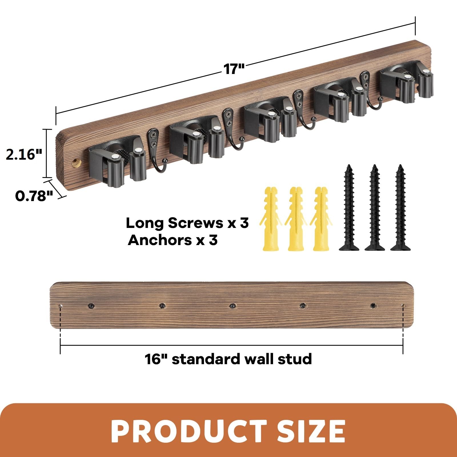 IMILLET Broom Holder Wall Mount, Wood Broom Holder with 5 Racks and 4 Hooks Broom Organizer, Laundry Room Organization and Storage, Mop Holder for Home Organization, Garden, Garage(2 Pack)