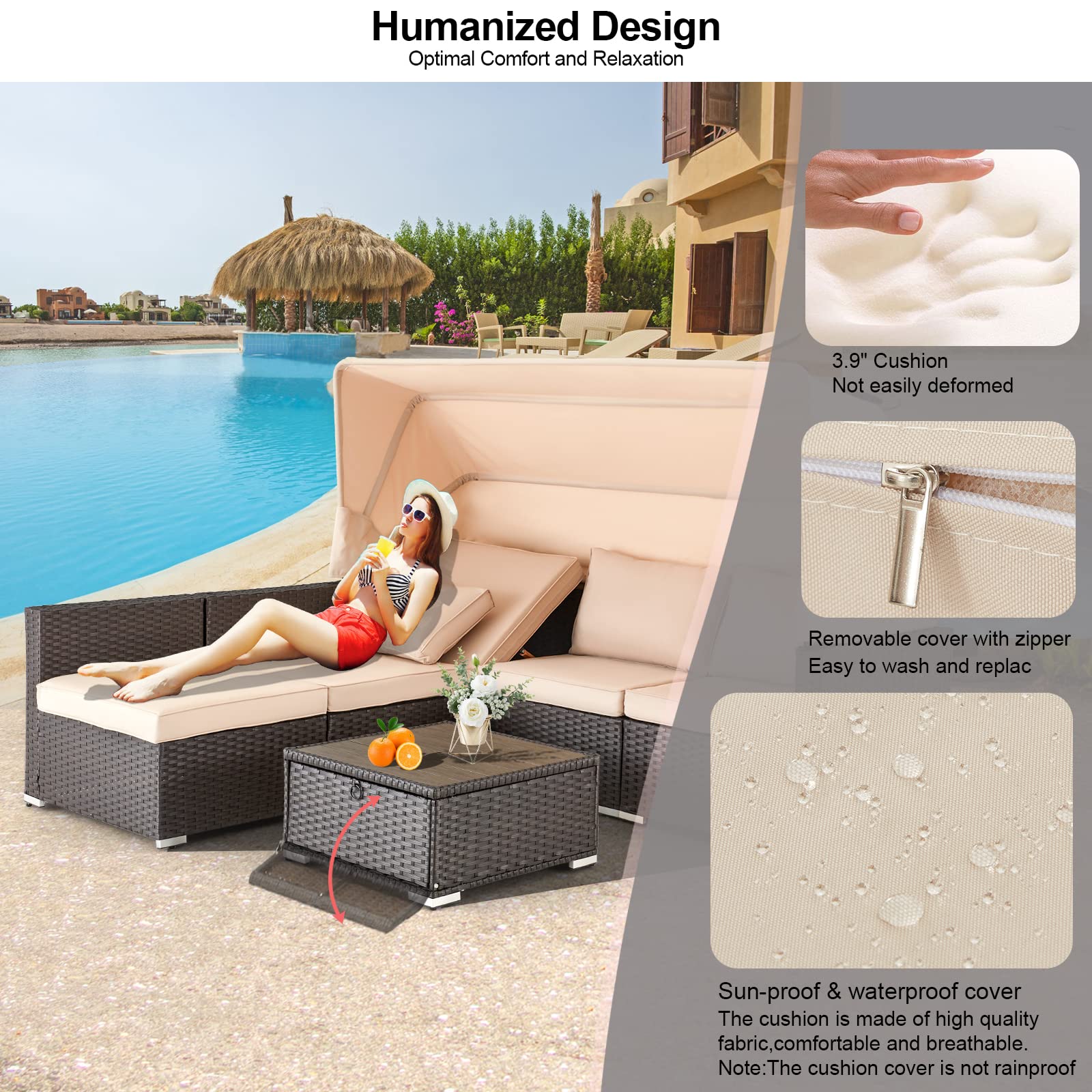 HOMREST 6 Pieces Patio Furniture Sets, Rattan Daybed with Retractable Canopy, Outdoor Sectional Sofa Set with Adjustable Backrest, Chaise Chair Sunbed for Garden Poolside Backyard (Khaki)