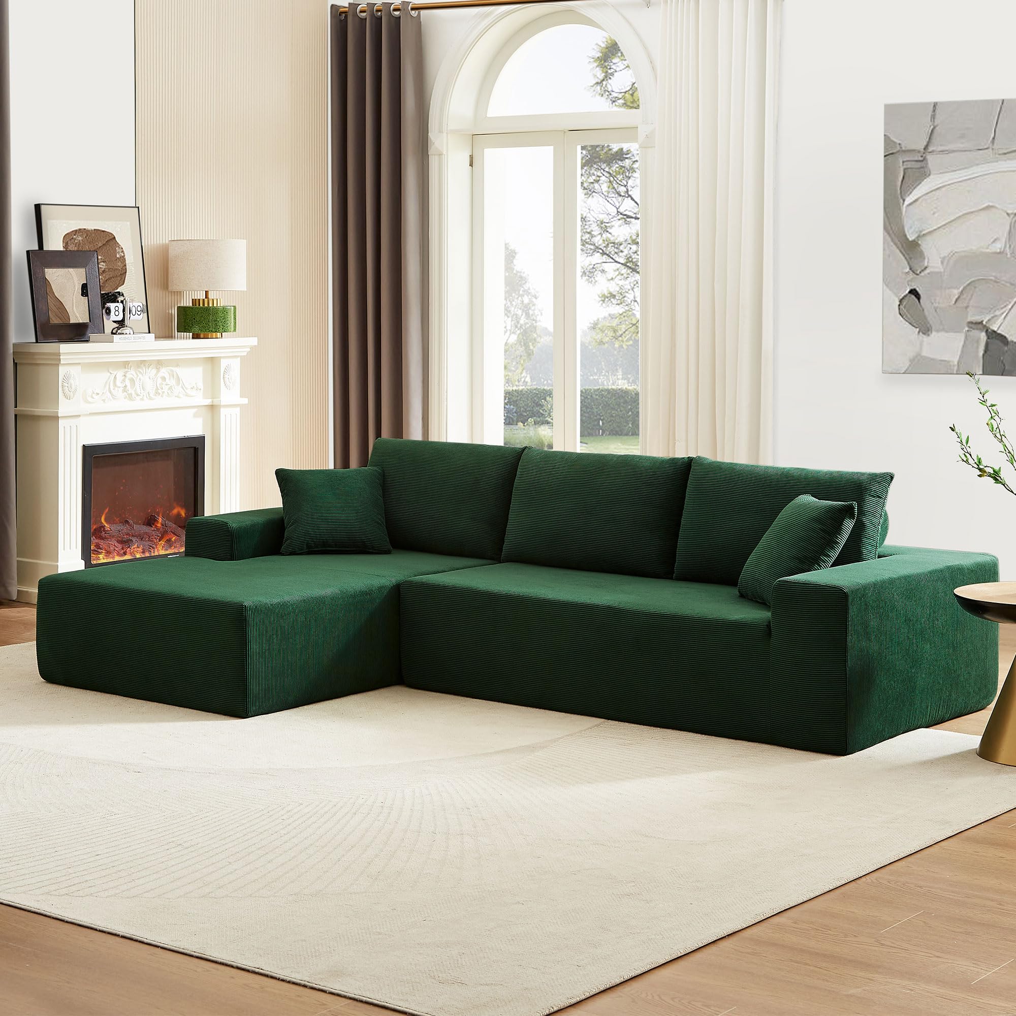 JUSTONE, 108.5'' Dark Green High Density Sponge Sectional Sofa with Chaise Lounge, 3 Seater, Modern Polyester Living Room Sofa, Space Saving L-Shape, Right Facing, Cloud Couch, 2 Throw Pillows