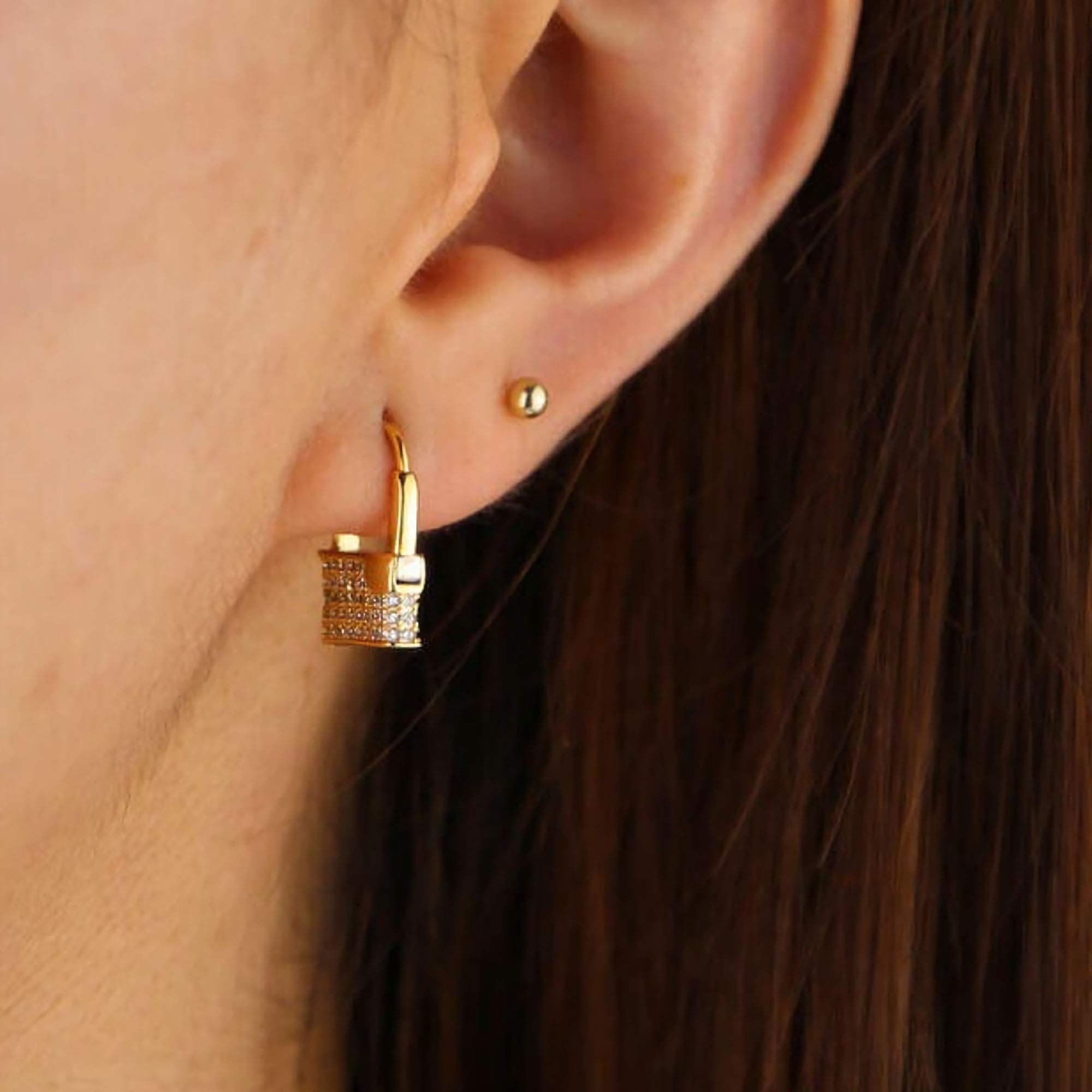 MEVECCO Lock Earrings Padlock Huggie Hoop Earrings 18K Gold Plated Dainty Micro Pave CZ Lock Dangle Charm Mini Lovers Padlock Earrings Minimalist Stacking Hoop Earrings