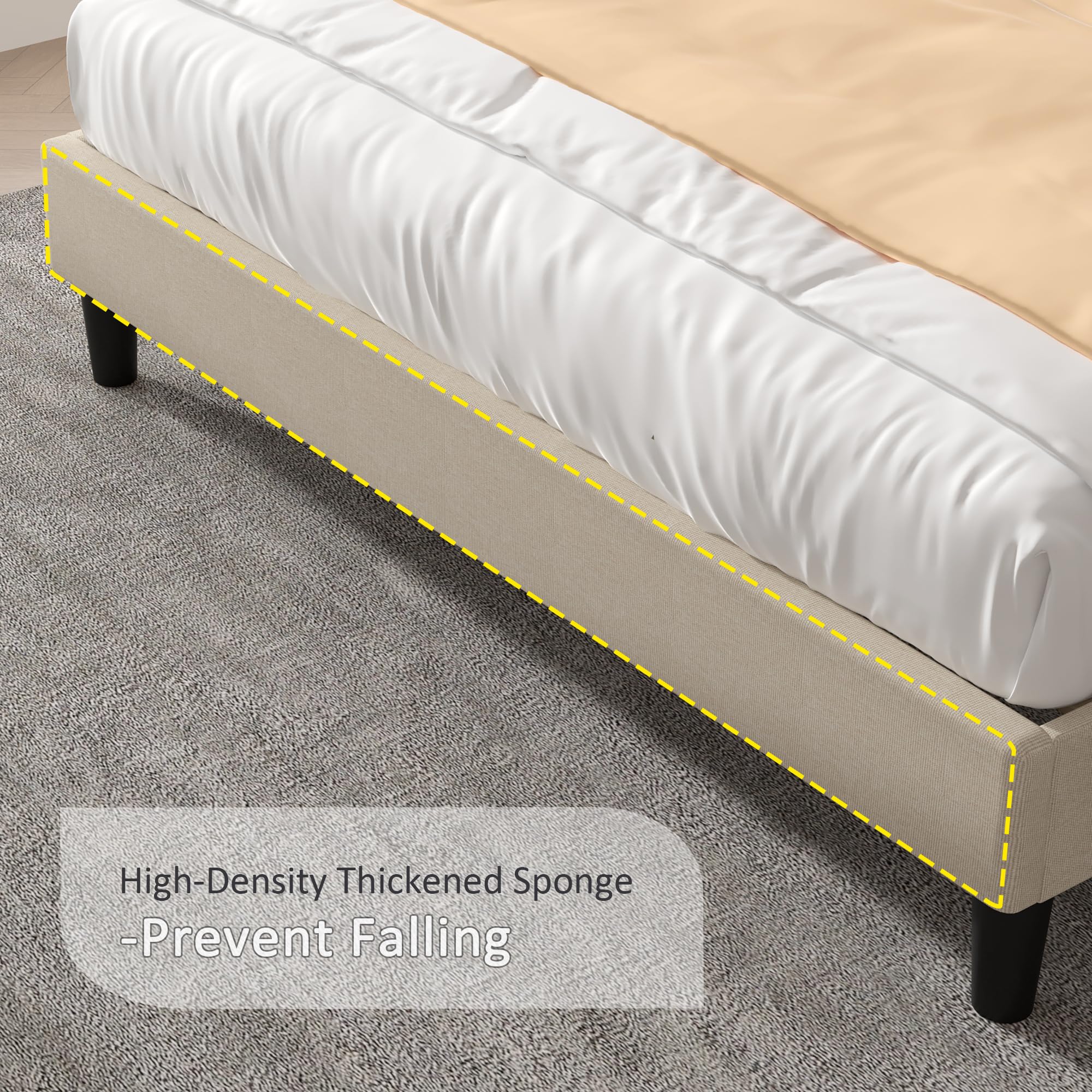 VECELO Queen Bed Frame with Upholstered Wingback Headboard, Heavy-Duty Platform Bedframe with Charging Station & Side Pockets, No Box Spring Needed, Light Beige