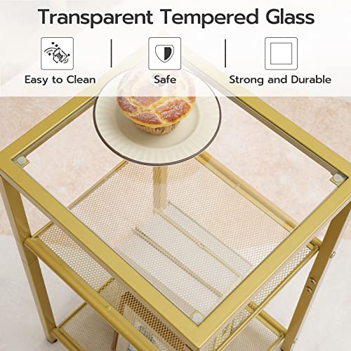 HOOBRO Side Table, 3-Tier Slim Nightstand with Storage Shelves, Modern End Table, Tempered Glass Bedside Table, for Living Room, Bedroom, Gold GD77BZ01
