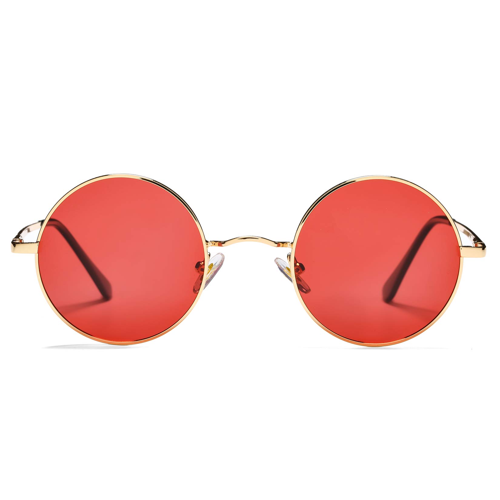 DeBuff Retro Round Polarized Sunglasses for Women Men Small Lennon Style Hippie Sun Glasses (gold frame, ocean red lens)