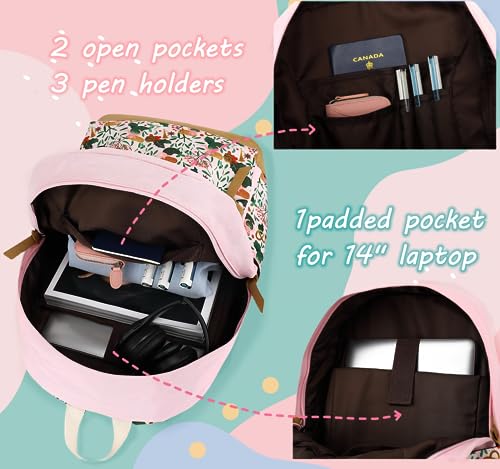 Leaper Floral Canvas Backpack Laptop Bag Daypack bag Lunch Bag Purse 3 in 1 Pink