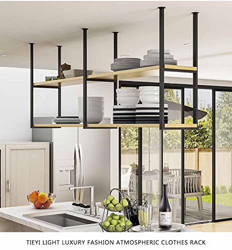 Guuurrrg Ceiling Mount Shelf Nordic Wrought Iron Ceiling Shelf, 2 Tier Ceiling Mounted Storage Shelf Wine Rack, Bar Restaurant Hanging Decorative Flower Stand, Easy to Install (Black 80 x 30 x 80cm)