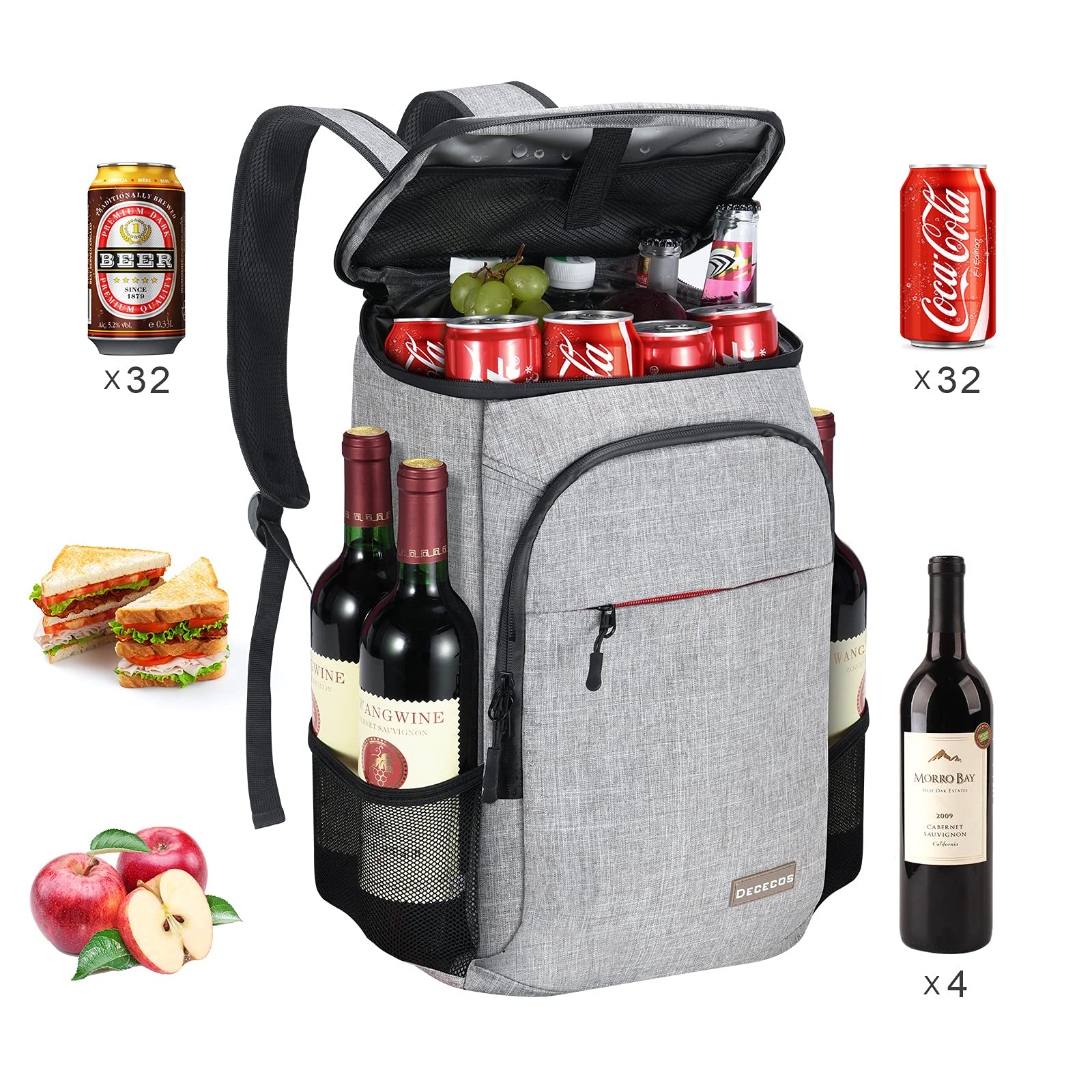 Dececos Cooler Backpack Grey with Corkscrew Soft Waterproof Adjustable Blanket Fixing Strap, Leak-Proof Insulated Cooler Bag for Camping, Hiking, Beach, Travel
