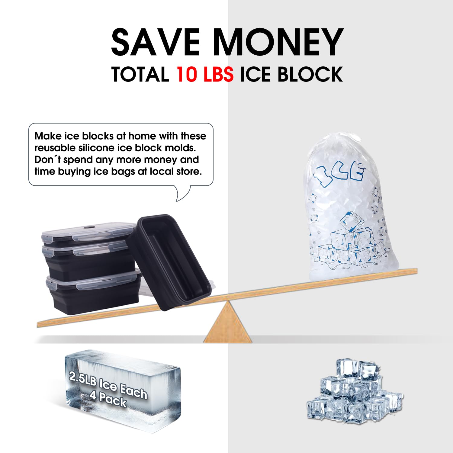 Extra Large Ice Block Mold for Ice Bath Cold Plunge Accessories, 4 Pack for 10LB Ice, Stackable Water Chiller Ice Tray Ice Cube Molds with Lids, Silicone Collapsible Food Storage Containers, Black