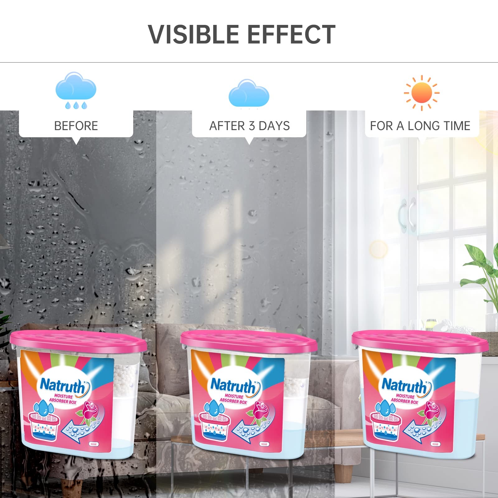 NATRUTH Moisture Absorbers Boxes (6 PACKS),12.5 Oz With Rose Scent,Portable Closet Dehumidifier, Odor Eliminator Absorber Bucket,Humidity Absorber,Air Dehumidifier for Closet,Bathrooms, Kitchen &Boats