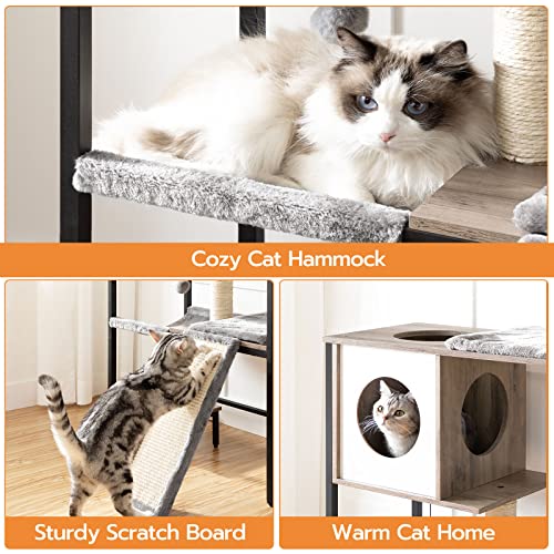 HOOBRO Wooden Cat Tree, Versatile Cat Tower with Scratching Post, Cat Hammock and Food Bowls, 4-Tier Pet House for Indoor Cats, Multi-Cat Families, Greige BG34MZ03