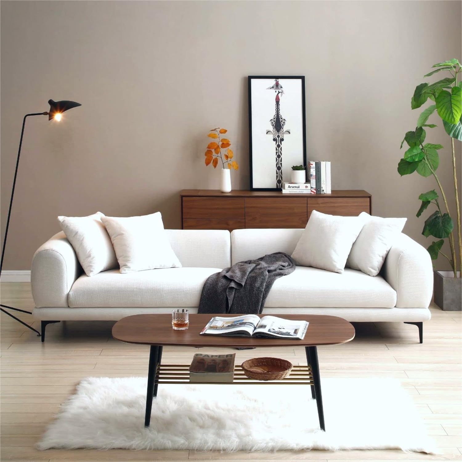 KEVINSPACE 108.3'' Modern Sofa Couch for Living Room, 4-Seater Fabric Sofa Comfy Sofa with Metal Legs, Wide Upholstered Sofa Deep Seat Sofa BouclĂŠ Couch Furniture Set Office 4 Pillows, Beige