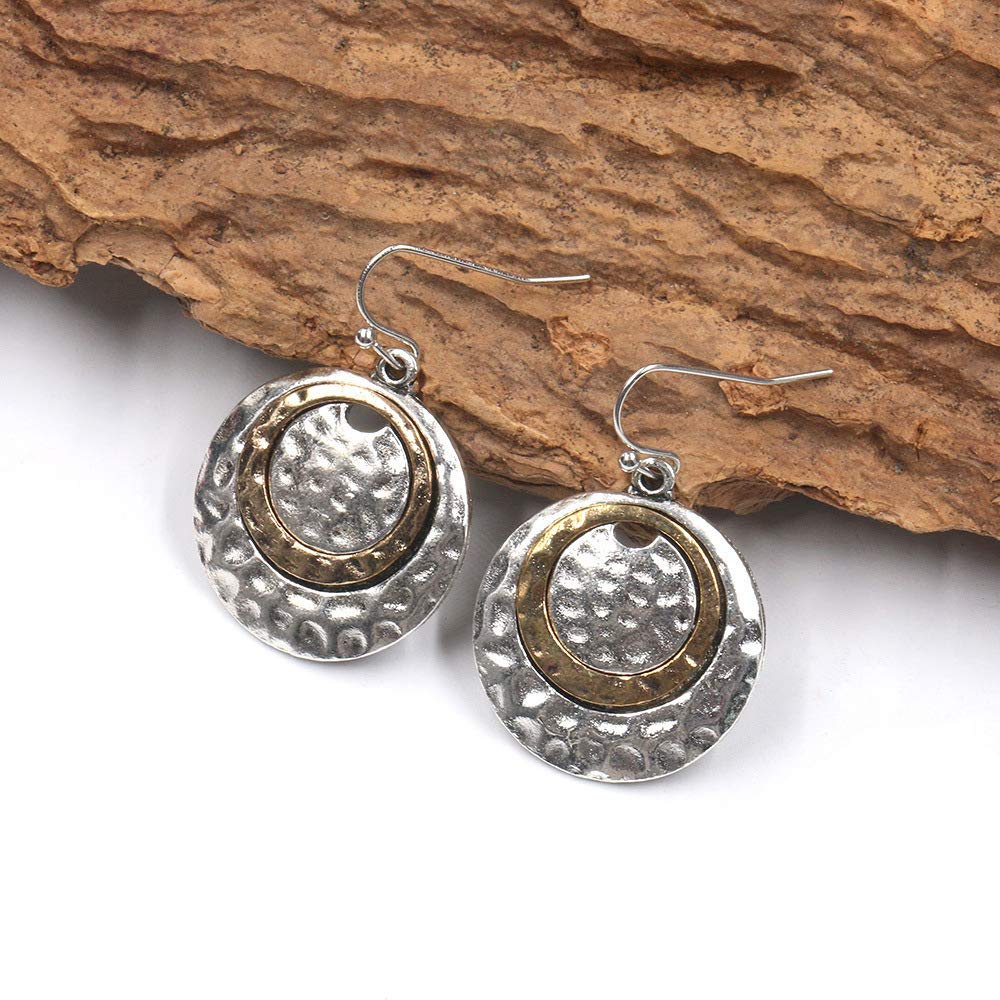 D.Rosse Handmade Ethnic Boho Retro Gold Matte Small Round Circle Dangle Drop Earrings Vintage Silver Hoop Hook Earrings for Women Statement Jewelry (Silver)