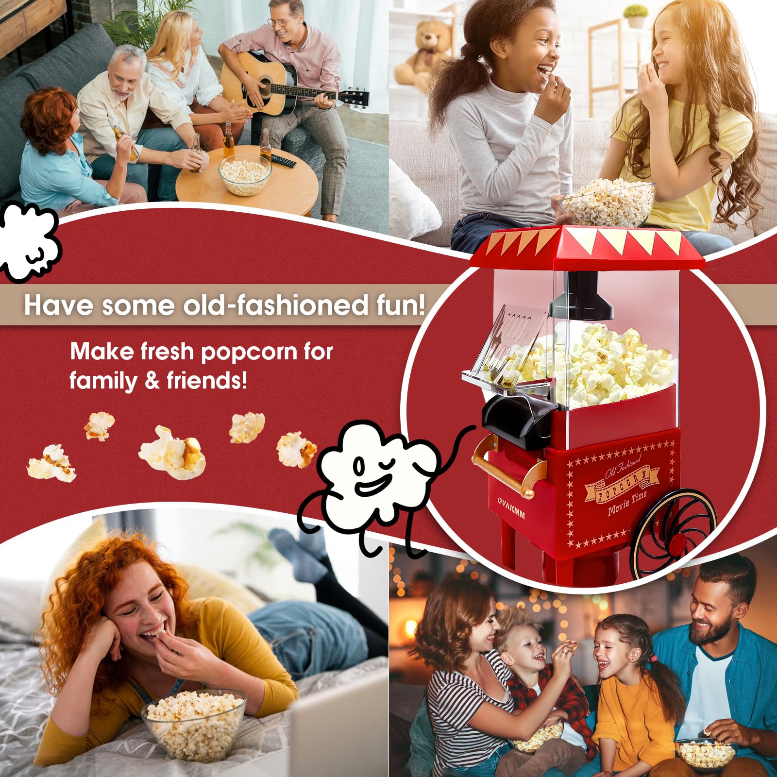 GVAKMM Popcorn Machine, Hot Air Popcorn Maker, Portable Home Popcorn Popper Machine, 10-Cup,Oil-Free,Retro Style,Compact and Cute