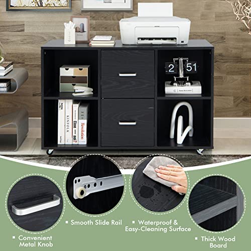 IFANNY 2 Drawer File Cabinet, Lateral Filing Cabinet with Shelves & Wheels, Black Buffet Sideboard, Rolling Storage Cabinet, Wood Cabinets for Home Office, Dining Living Room, Kitchen, Bedroom