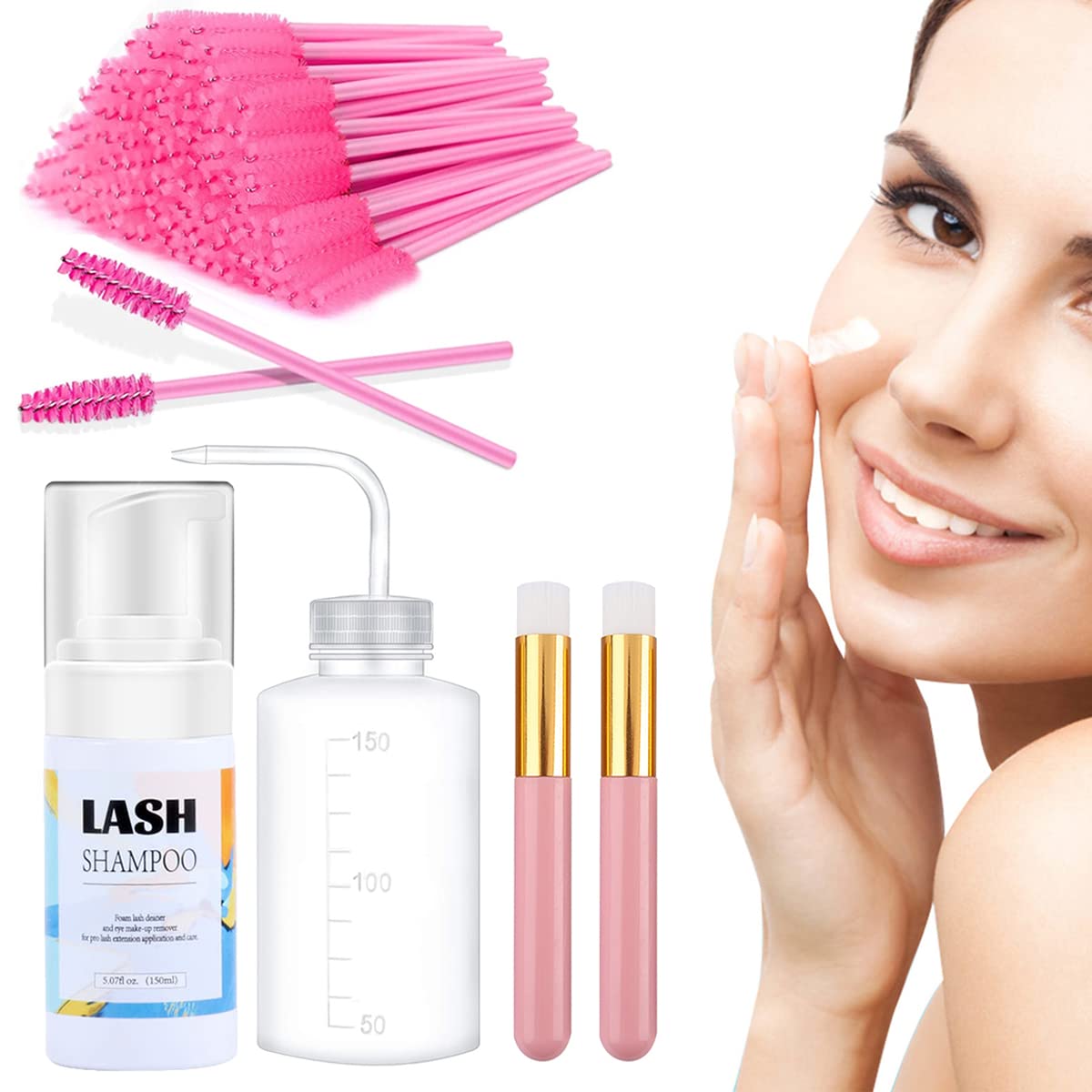 Eyelash Extension Cleanser 150ml + Rinse Bottle+ 2 Brushes+50 Mascara Wands, Eyelash Extension Shampoo, Eyelid Foaming Cleanser, Eyelash Wash and Lash Bath for Extensions, Oil Free