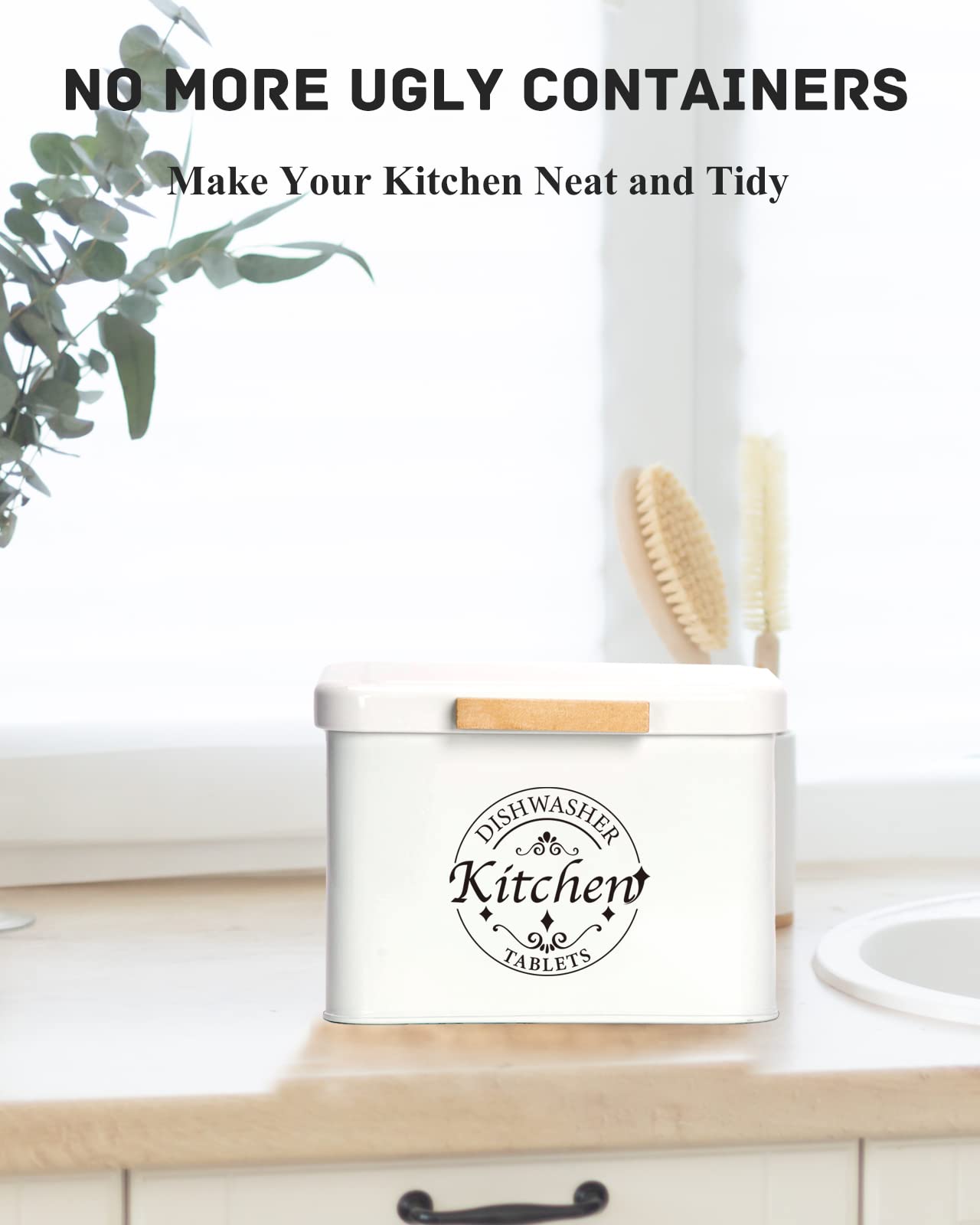 Dishwasher Pod Container with Hinged Lid. Farmhouse Metal Dishwaser Pods Holder for Kitchen Cabinet Organizer. Modern Kitchen Decor and Accessories. Dishwasher Detergent Tablet Storage(Cream)