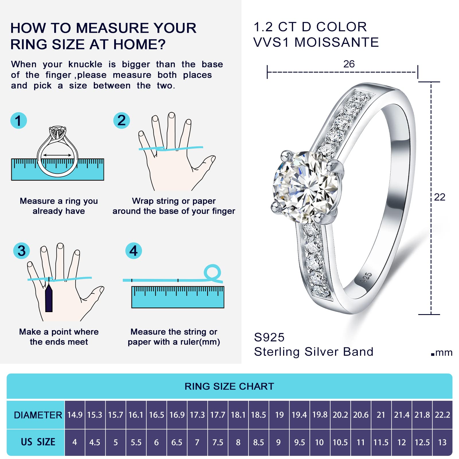 DAYBYDAY Moissanite Rings for Women 925 Sterling Silver 1ct Created Diamond Wedding Rings Moissanite Engagement Ring Size 10
