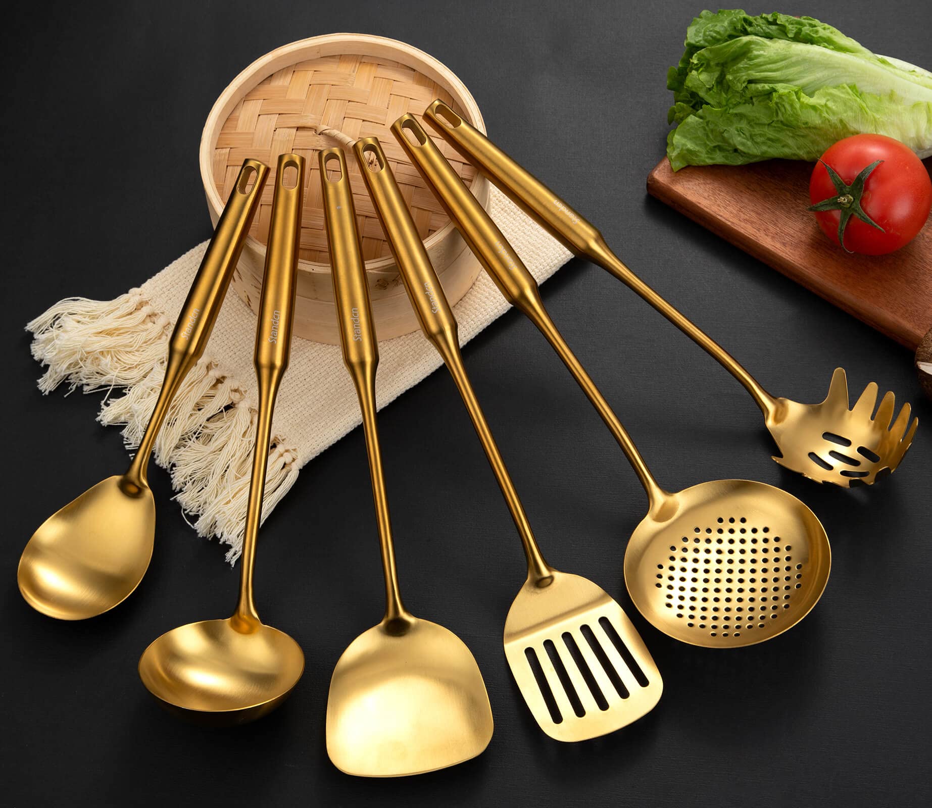 Gold Kitchen Utensils Set, Standcn 9 PCS 304 Stainless Steel All Metal Cooking Tools with Meat Fork, Solid Spoon, Slotted Spoon, Spatula, Ladle, Skimmer, Slotted Spatula, Spaghetti Server, Large Spoon