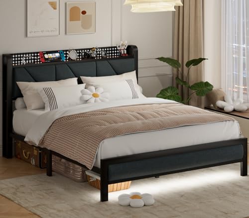 Furnulem Queen Size Bed Frame with LED Lights,Upholstered Storage Headboard with Charging Station and USB Port, Platform Bedframe Queen No Box Spring Needed, Noise Free