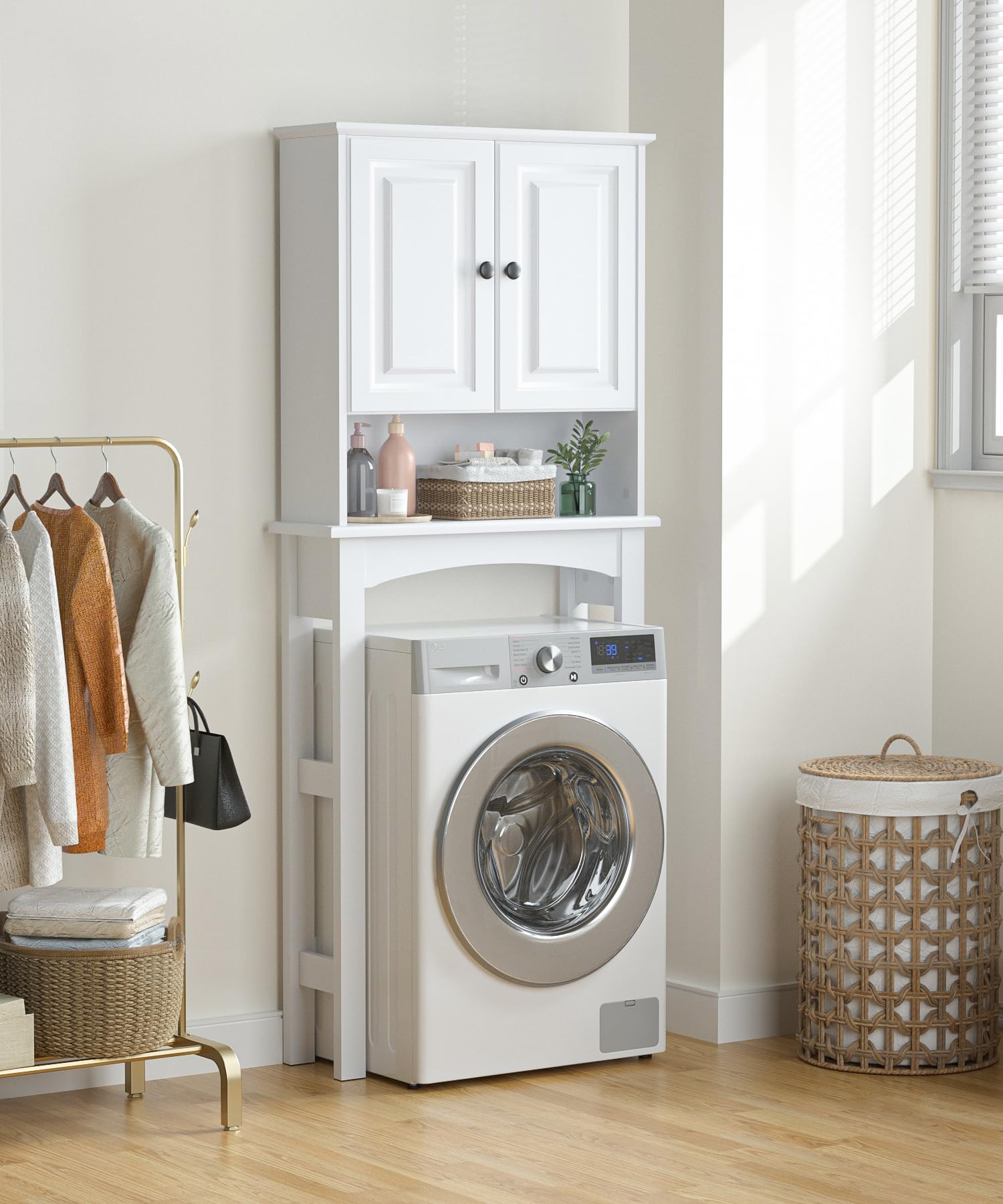 HAIOOU Over The Toilet Storage Cabinet with Motion Sensor LED Light, Double Door Bathroom Essentials Storage Organizer Space-Saving Toilet Rack with Buffering Hinges, Adjustable Shelf - Expresso