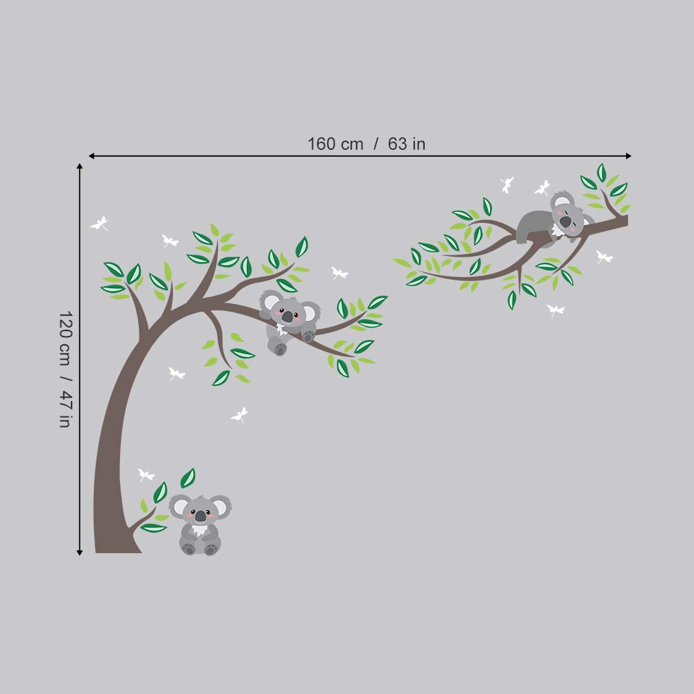 decalmile Koala and Tree Branch Wall Decals Dragonflies Koala Bear Kids Wall Stickers Baby Nursery Childrens Bedroom Wall Decor