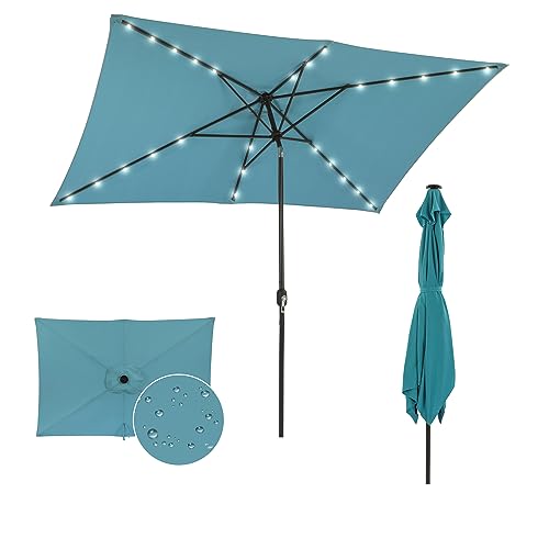 MONDAWE Outdoor Solar LED Patio Umbrella 10 x 6.5 FT Rectangular Market Umbrella with Lights, Tilt and Crank Aluminum Commercial Table Umbrella for Pool Backyard Balcony