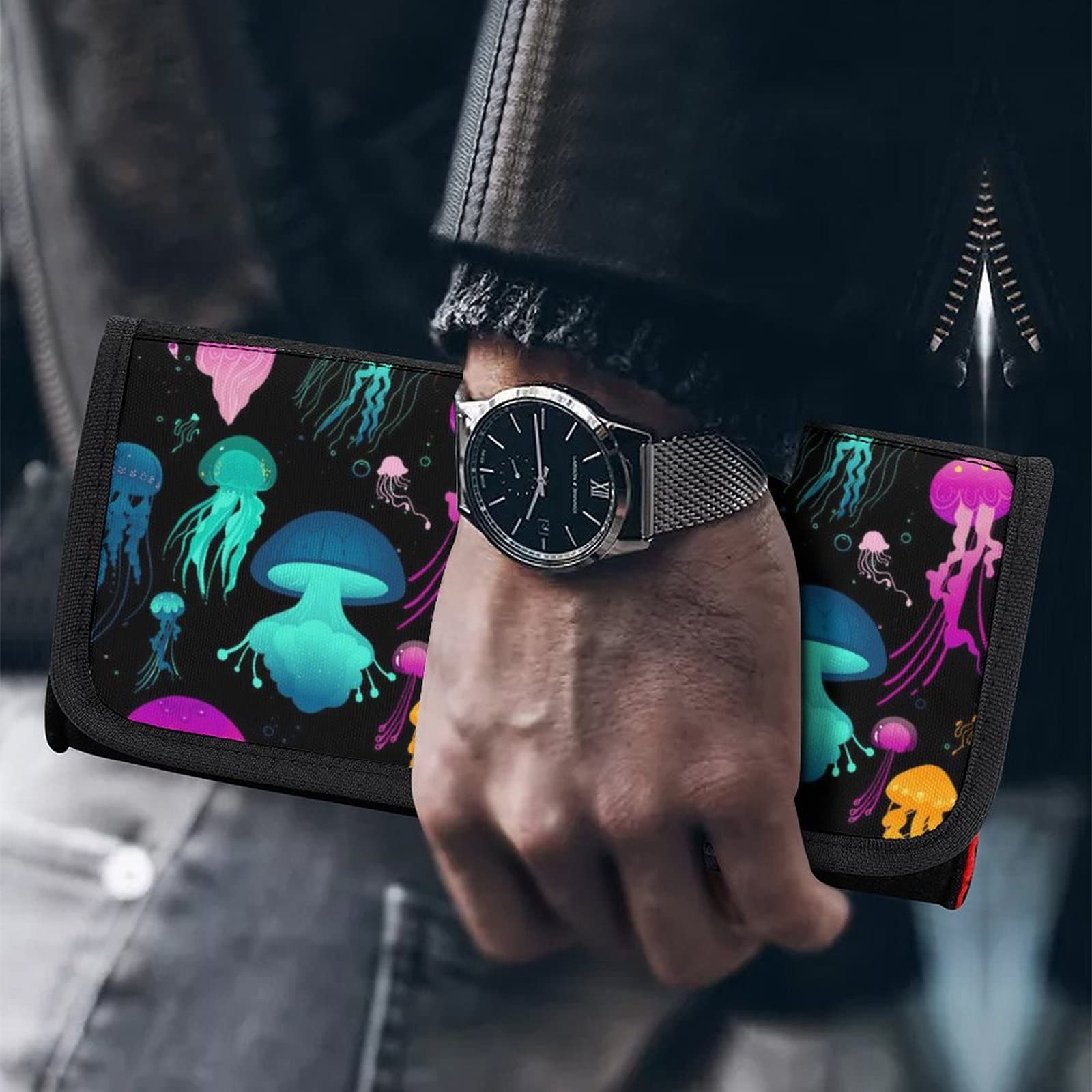 Glowing Colorful Jellyfish Carrying Bag Compatible with Switch Protective Case Slim Felt Pouch with 5 Game Cartridges Holders