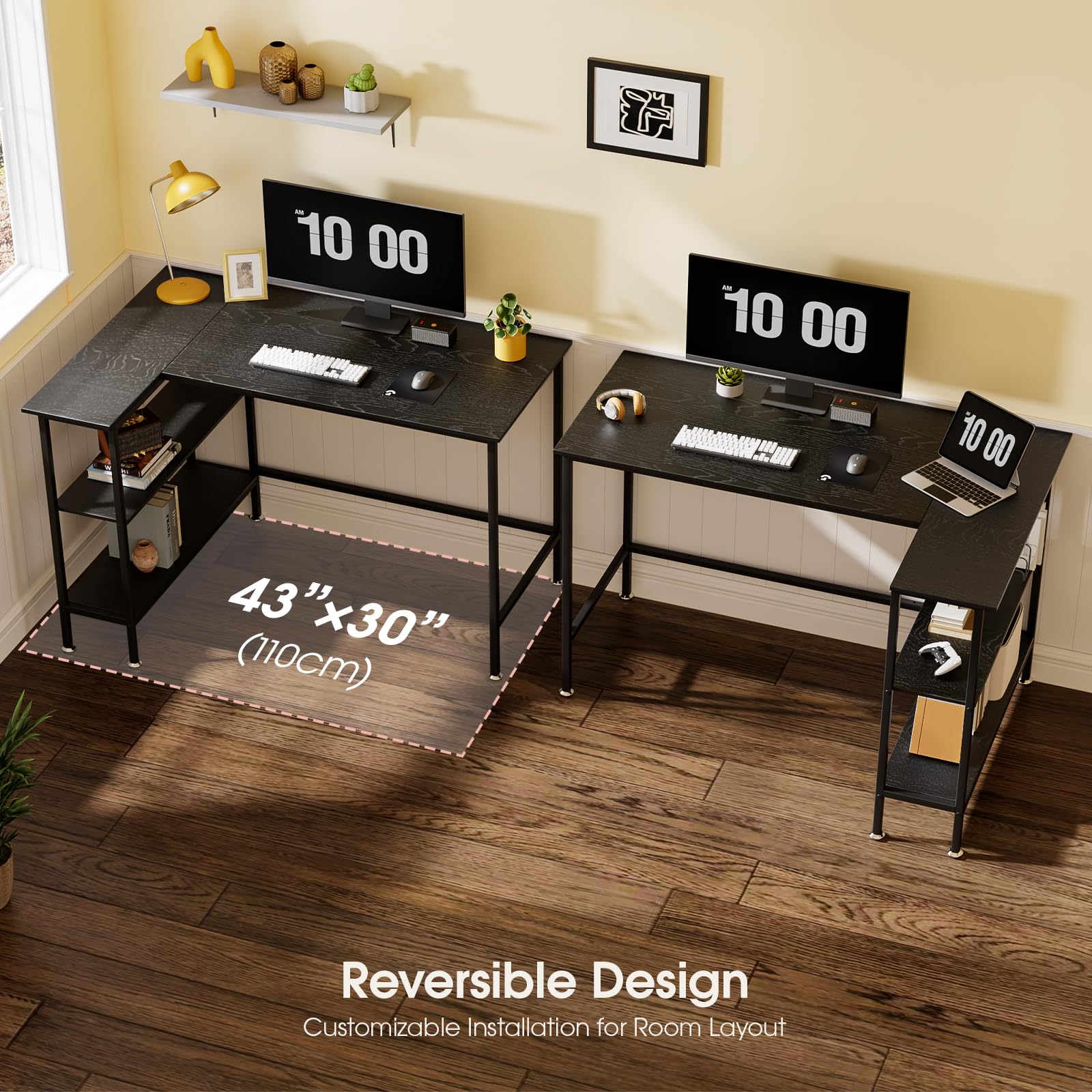 GZSHIYITECH 43" L Shaped Office Desk with Reversible Storage Shelves Can be Used as a Game Desk or Computer Desk Modern Design Corner Desk (Black)