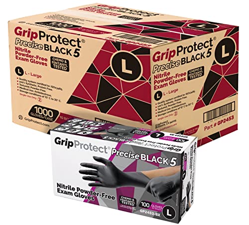 GripProtect Precise Black 5 Nitrile Exam Gloves | 5 Mil Thickness | Chemo-Rated | Medical, Law Enforcement, Tattoo, Dental, Janitorial, Food & Agriculture