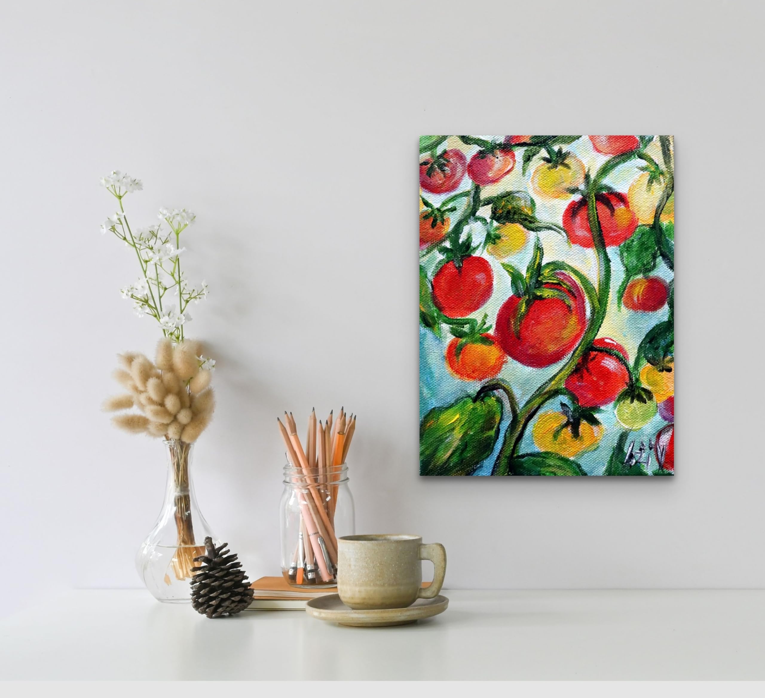 Cherry Tomatoes on the Vine, Food Art, Kitchen Decor, Vegetables Oil Painting, Red Yellow Mini Tomatoes Wall Decor