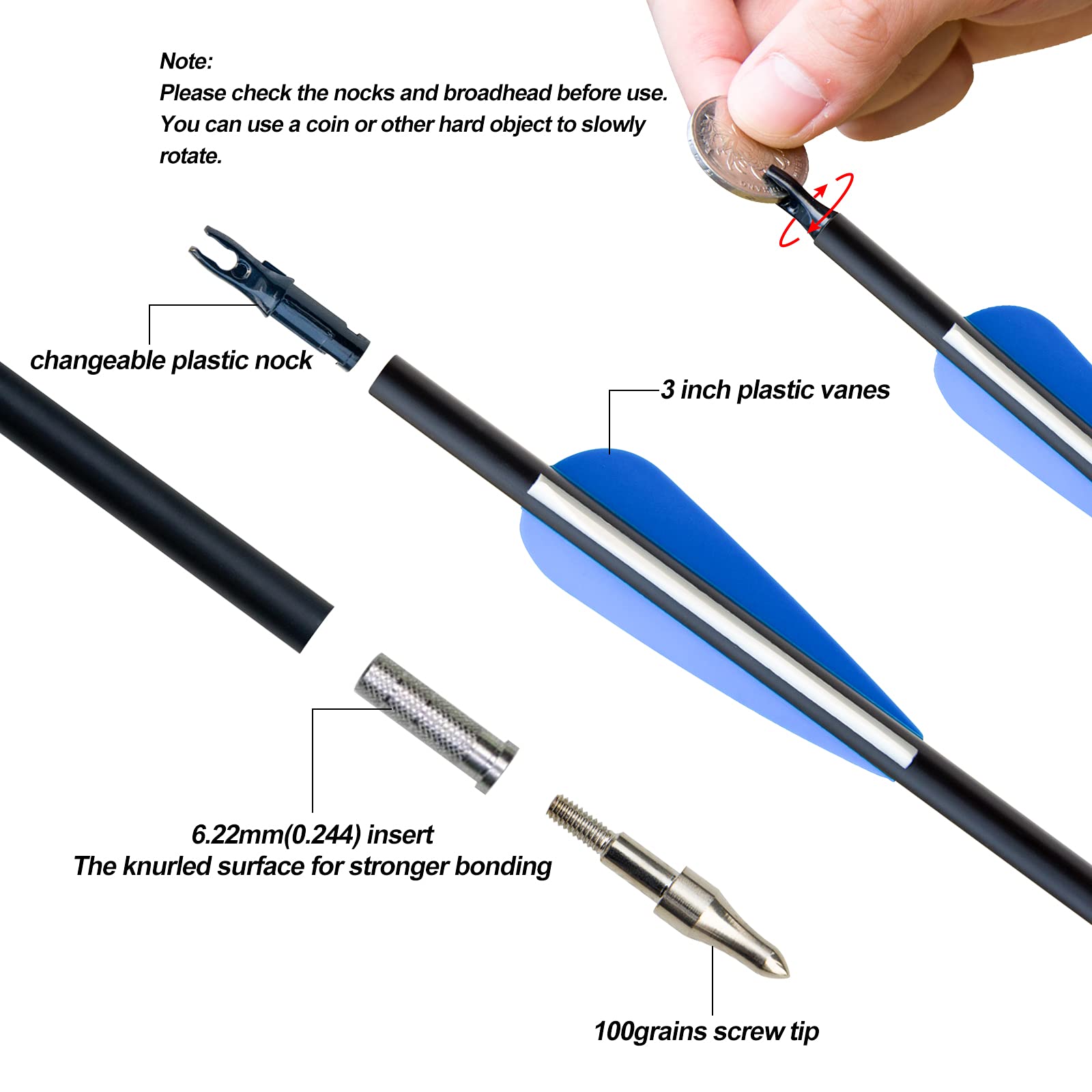 D&Q Carbon Arrow Hunting Arrows, with 100 Grain Removable Tips Target Practice Arrows for Archery Compound & Recurve Bow (Blue+White)