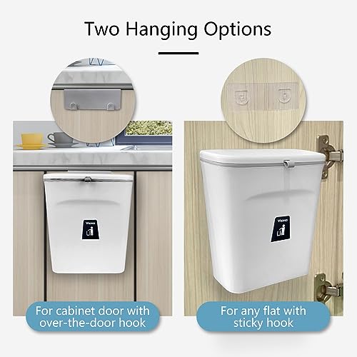 VIGIND 9L/2.4 Gallon Hanging Trash Can for Kitchen Cabinet Door with Lid, Small Under Sink Garbage Can,Trash Bin for Bathroom, Wall Mounted Counter Waste Compost Bin, Plastic  (White)