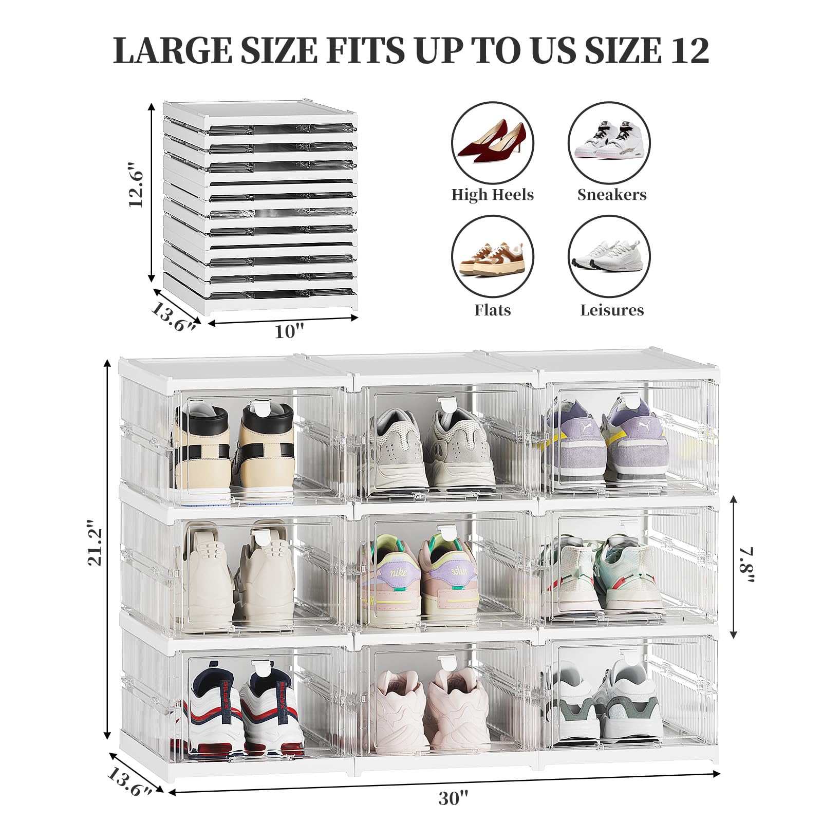 HAIXIN HOME Shoe Organizer Storage Box, XXL Portable Foldable Shoe Rack Organizer for Closet with Clear Door, Large Stackable Sneaker Cabinet Bins Sturdy Easy Assembly 3 Layers-9 Pack
