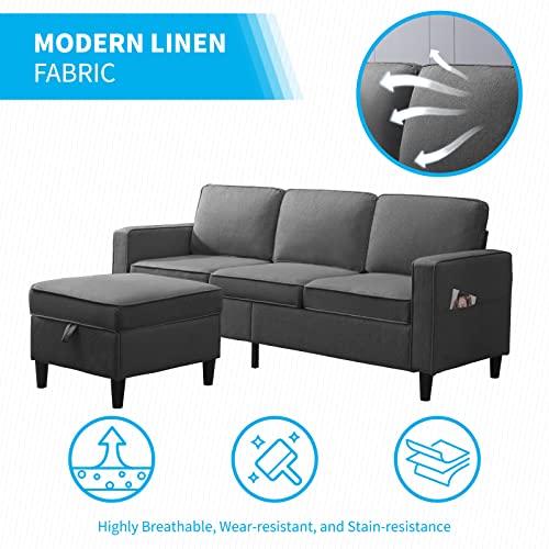 Horgaeo Convertible Sectional Sofa Couch, 3-Seat L-Shaped Couch with Storage Ottoman, Wooden Legs Modern Linen Fabric Reversible Chaise for Living Room, Bedroom, Apartment (Dark Grey) 78''