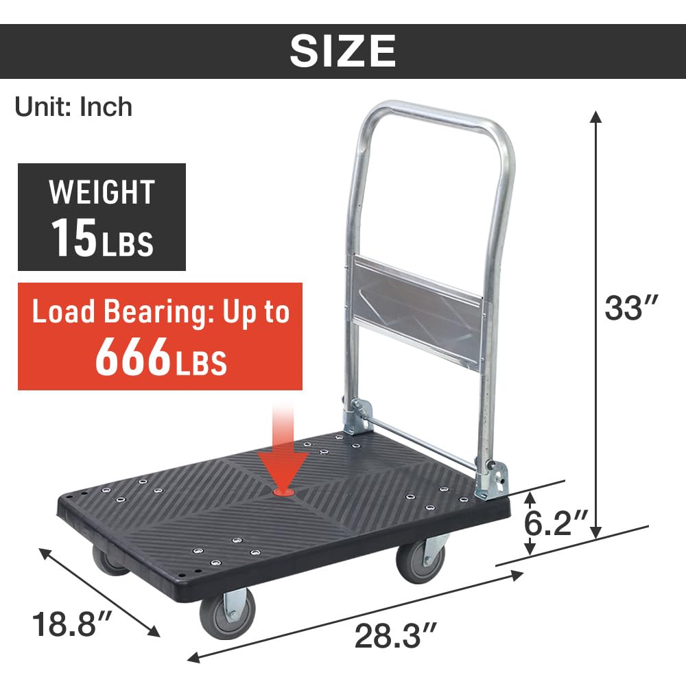 Japard Push Cart Dolly 660lbs Foldable Heavy Duty, Moving Utility Platform Hand Truck with Wheels 360 Degree Swivel, 18.8"x28.3"x33", Black