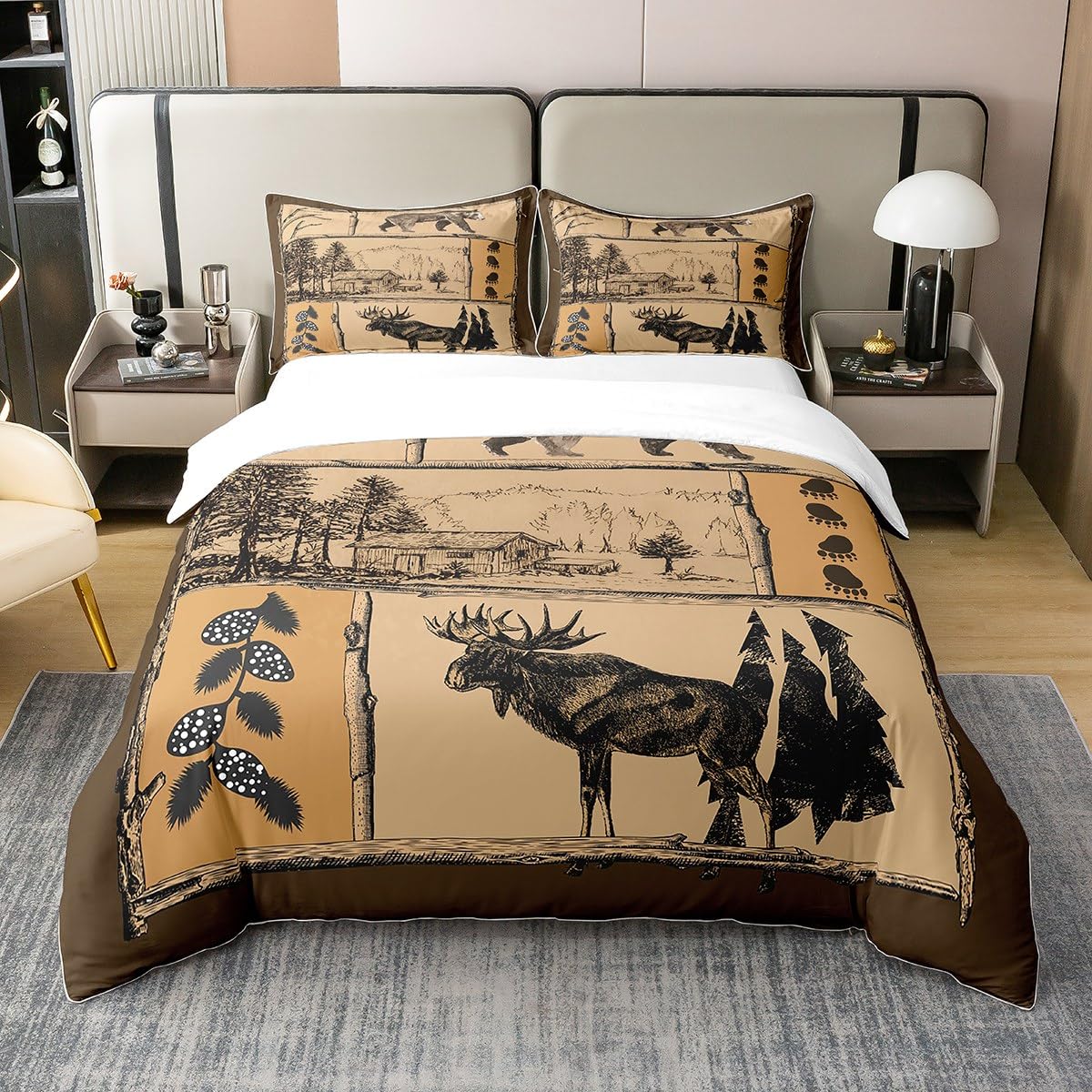 jejeloiu Bear Bedding 100% Cotton Set Rustic Farmhouse Cabin Moose Duvet Cover 100% Cotton Retro Wildlife Cover for Children Bedroom Decor Vintage Bear Paw Duvet Set King Size Zipper with Pillow Case