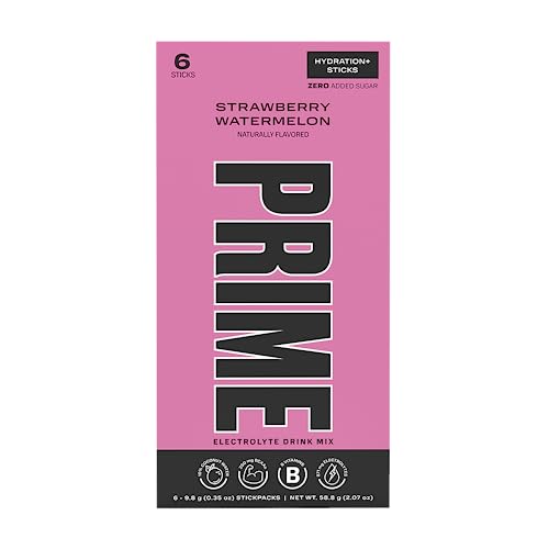 Prime Hydration+ Stick Pack, Electrolyte Drink Mix, 10% Coconut Water, 250mg BCAAs, Antioxidants, Naturally Flavored, Zero Added Sugar, Easy Open Single-Serving Stick, STRAWBERRY WATERMELON, 6 Sticks