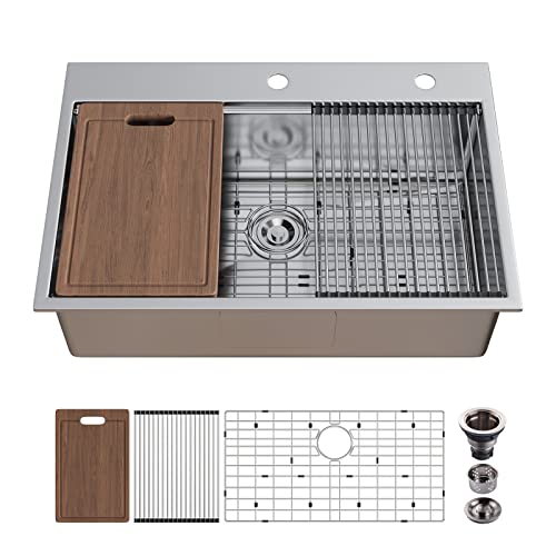 HOROW 33 inch Drop In Workstation Kitchen Sink, 18 Gauge Topmount Drop In Sink for Kitchen, sus 304 Stainless Steel Sink with 2 holes, Deep Single Bowl Kitchen Sink with Accessories, 33"x22"x10"