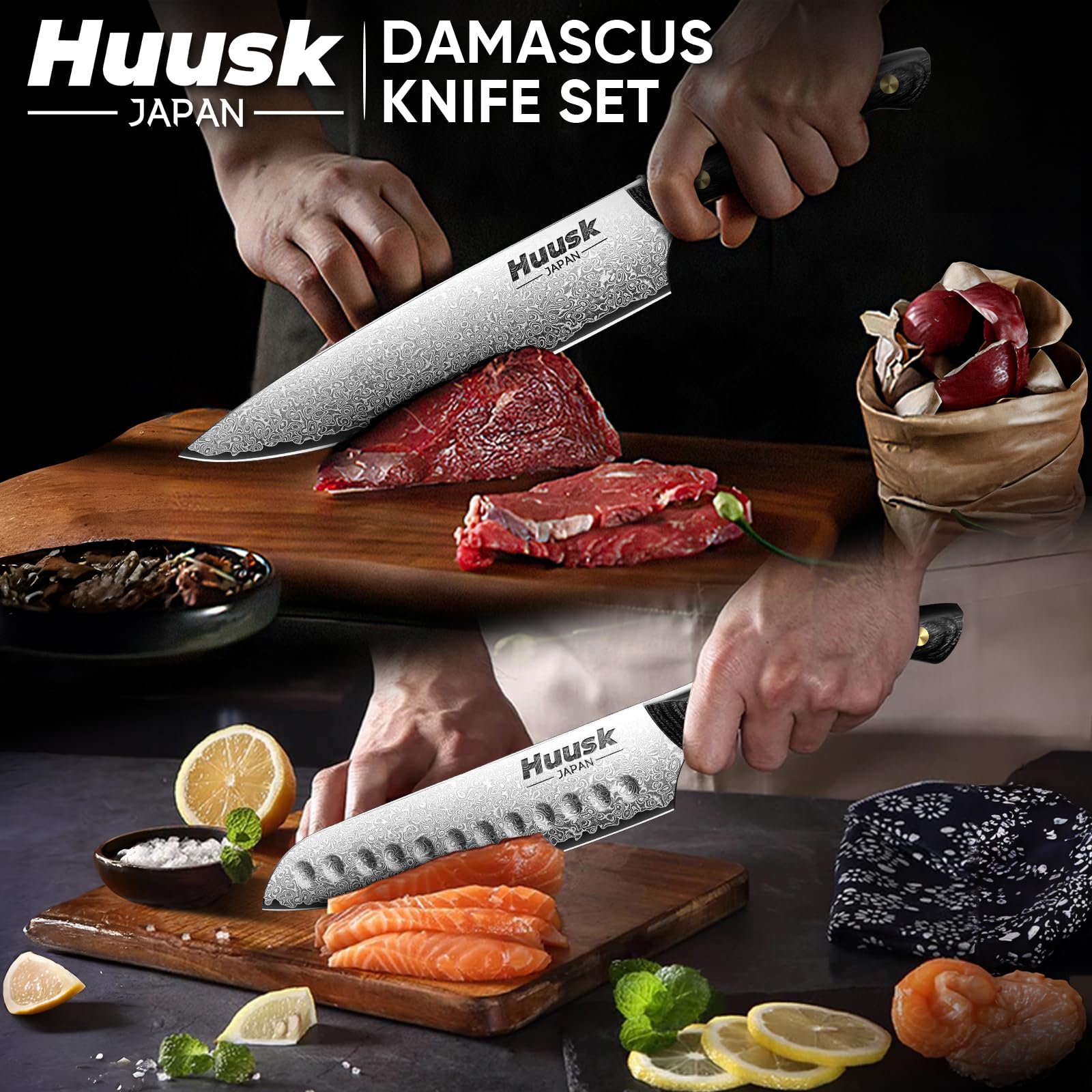 Huusk Damascus Chef Knife Set 3 PCS,VG10 Santoku Knife set,Damascus Kitchen Utility Knife set with Wooden Handle, Versatile Knife for Vegetable Fruit Meat, Birthday Dad Mom Gift