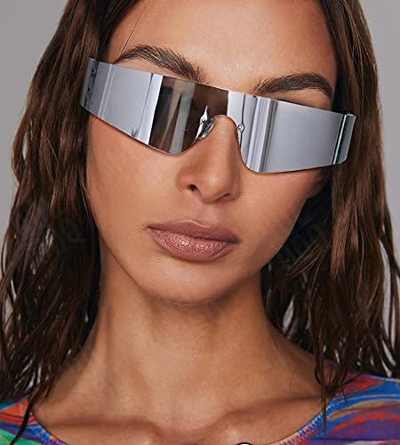 NULOOQ Y2K Rimless Futuristic Wrap Around Sunglasses Women Men, Trendy Cyberpunk Visor Sunglasses Monoblock Cyclops Shades (Black Frame/Gray Lens)