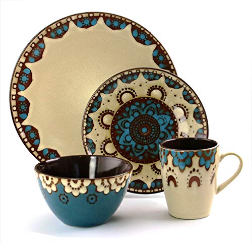 Elama CLAYHEART16 Clay Heart 16 Piece Luxurious Stoneware Dinnerware with Complete Setting for 4, 16pc, pc, Tan, Blue, Brown