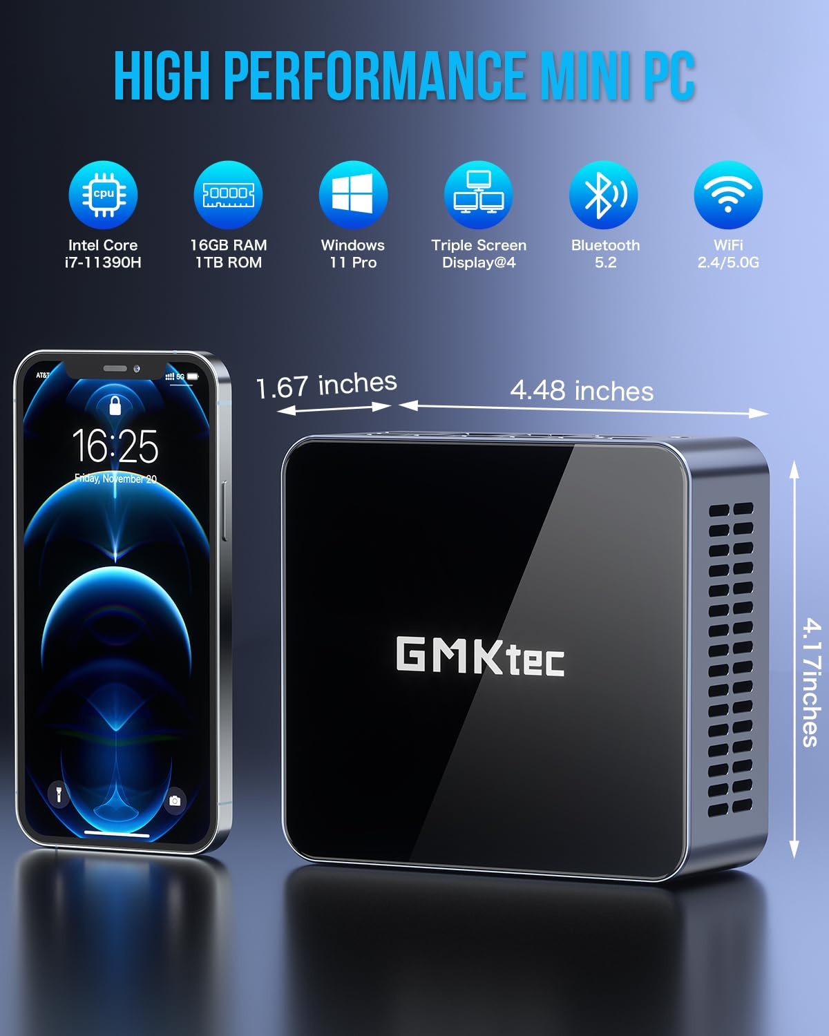 GMKtec Mini PC Windows 11 Pro Intel Core i7-11390H (Turbo 5.0 GHz) 16GB(8GB*2) DDR4 1TB SSD Desktop Mini Computers WiFi 6, BT 5.2, DP, HDMI, RJ45 2.5G, USB3.2