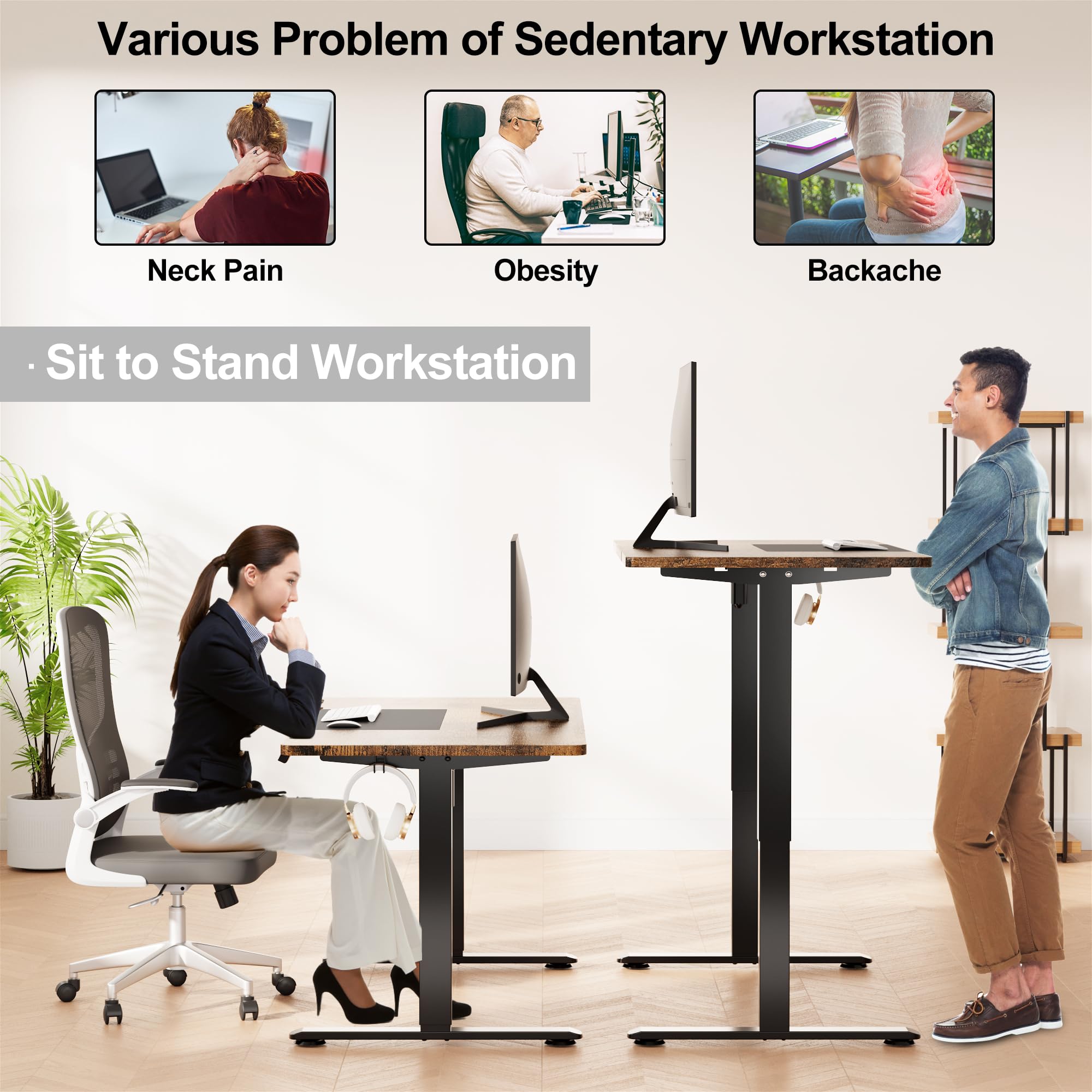 WOKA Electric Height Adjustable Electric Standing Desk, 55 x 28 Inch Sit Stand Desk with Memory Controllers, Stand up Desk for Home Office, Rustic Brown and Black Tabletop