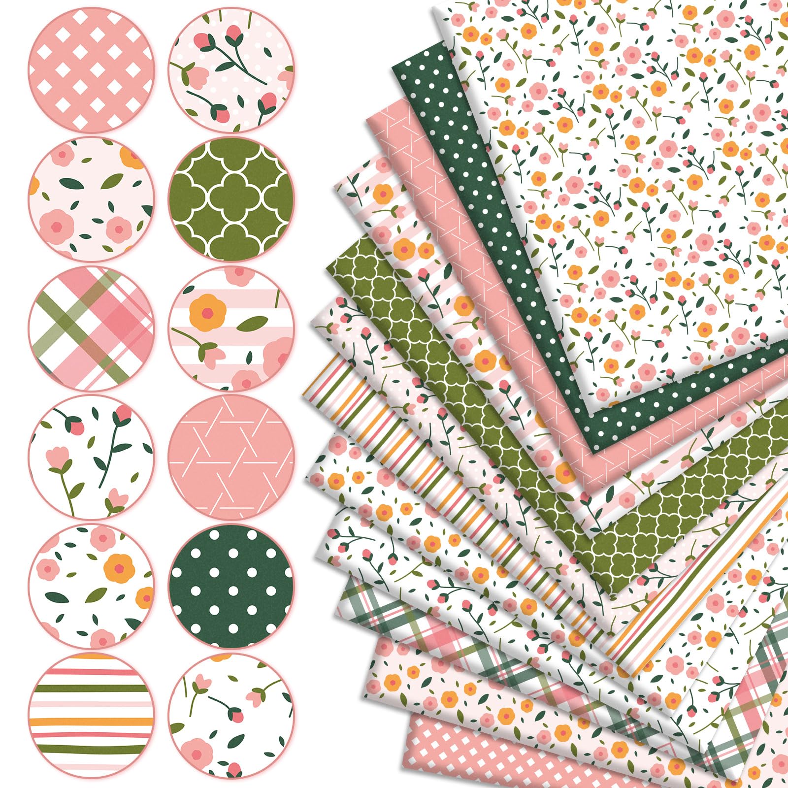 JarThenaAMCS 12Pcs Cotton Fabric Bundles Pink Green Floral Gingham Stripe Dot Fat Quarters Retro Quilting Patchwork for Spring DIY Craft Home Party Decor, 18 x 22 Inch