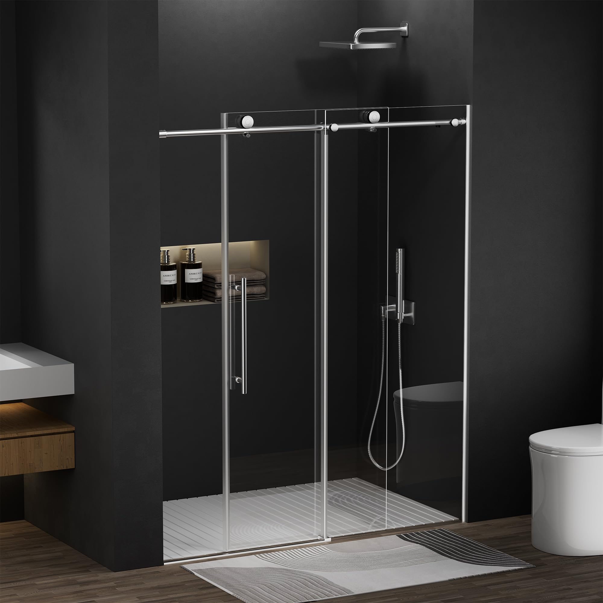 Frameless Sliding Shower Door 56-60 in W x 75 in H,Frameless Shower Door with 5/16" (8mm) Clear Tempered Glass,Silent Soft-Close Design,Brushed Nickel