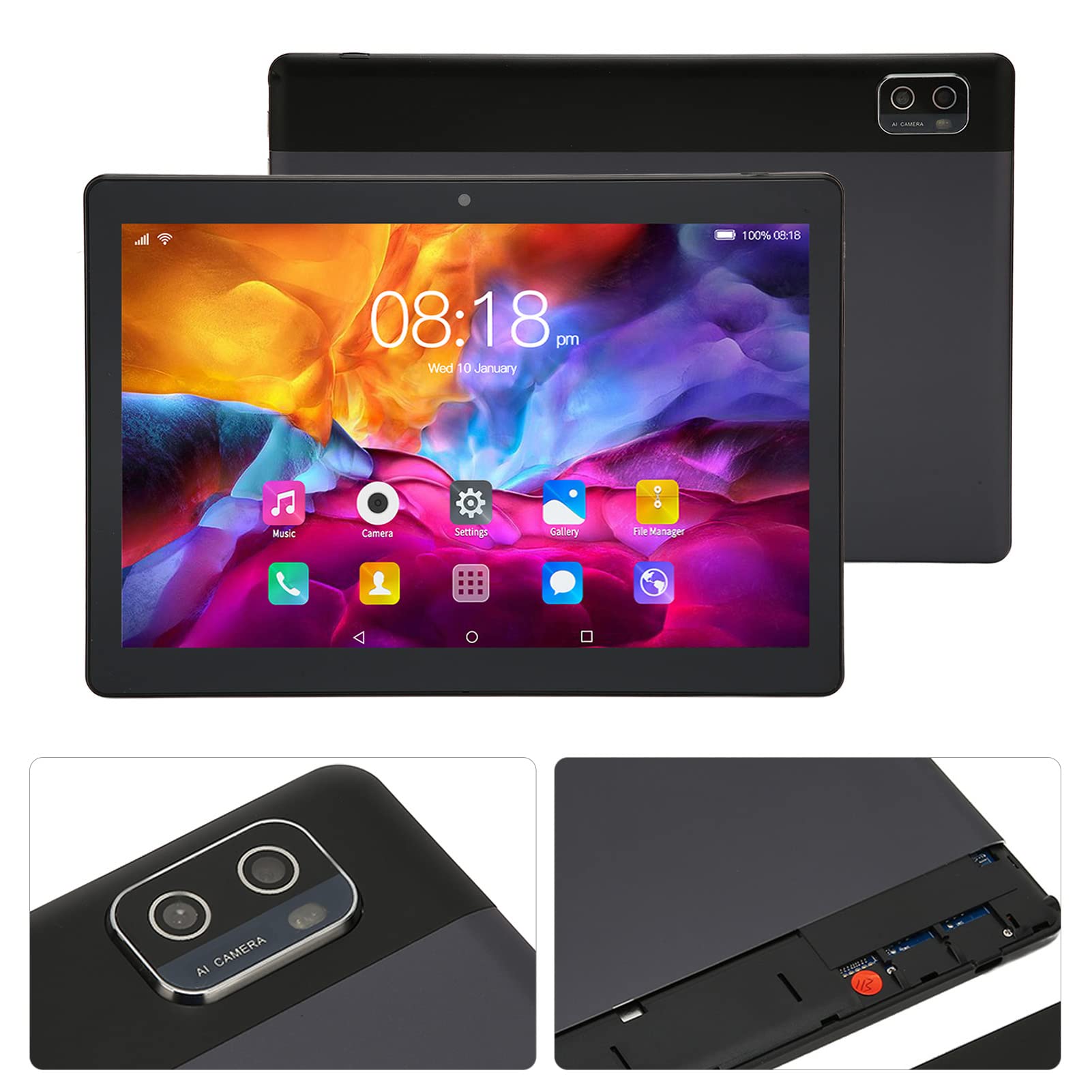 Focket 10.1 inch Tablet, 10 Core WiFi Tablet with 1960x1080 IPS HD Touchscreen, 6GB RAM 128GB ROM, 2MP 5MP Dual Camera, 8800mAh Lasting Battery, BT, 128GB Expandable Memory(Black)