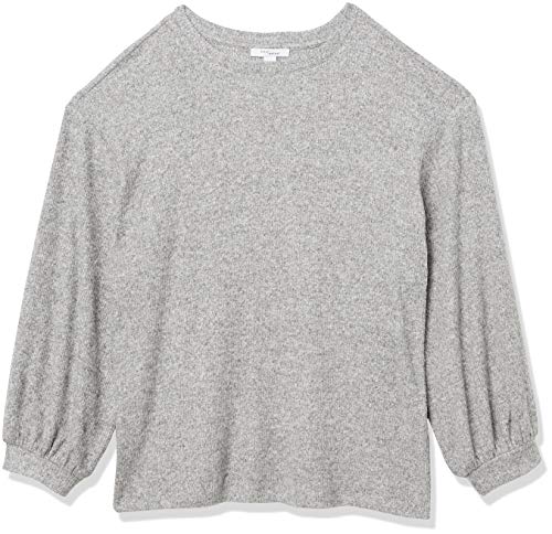 Daily Ritual Women's Cozy Knit Rib Blouson-Sleeve Sweatshirt, Grey Heather, Large