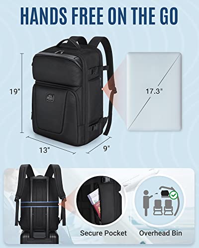 LIGHT FLIGHT Mens Travel Backpack, 36.5L Airline Approved 17.3 inch Laptop Backpack for Weekend Trip, Water-resistant Weekender Backpack for Business, Black