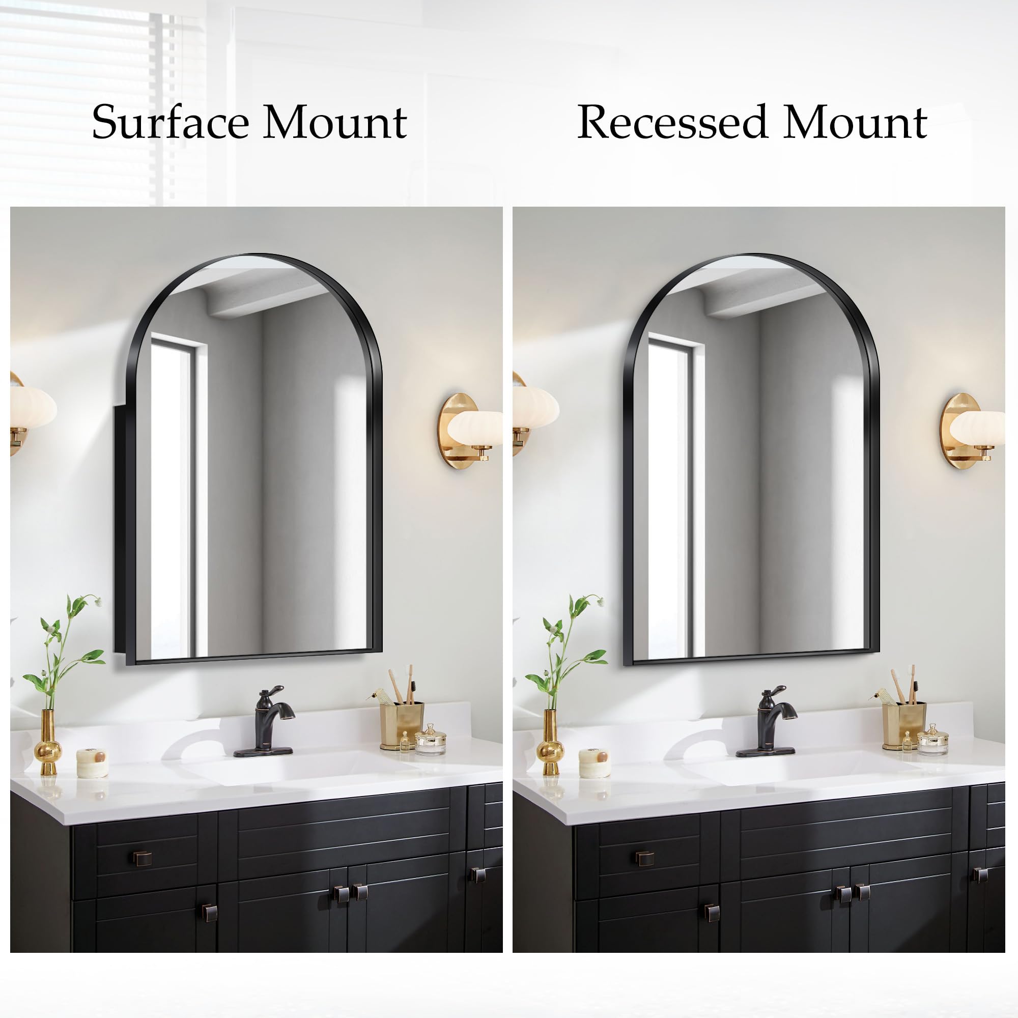 SDHYL Arched Bathroom Medicine Cabinet with Mirror, 36”x24” Recessed Medicine Cabinet for Bathroom with Beveled Edge Mirror, Wall Mounted Deep Set Alumiunm Frame, Black