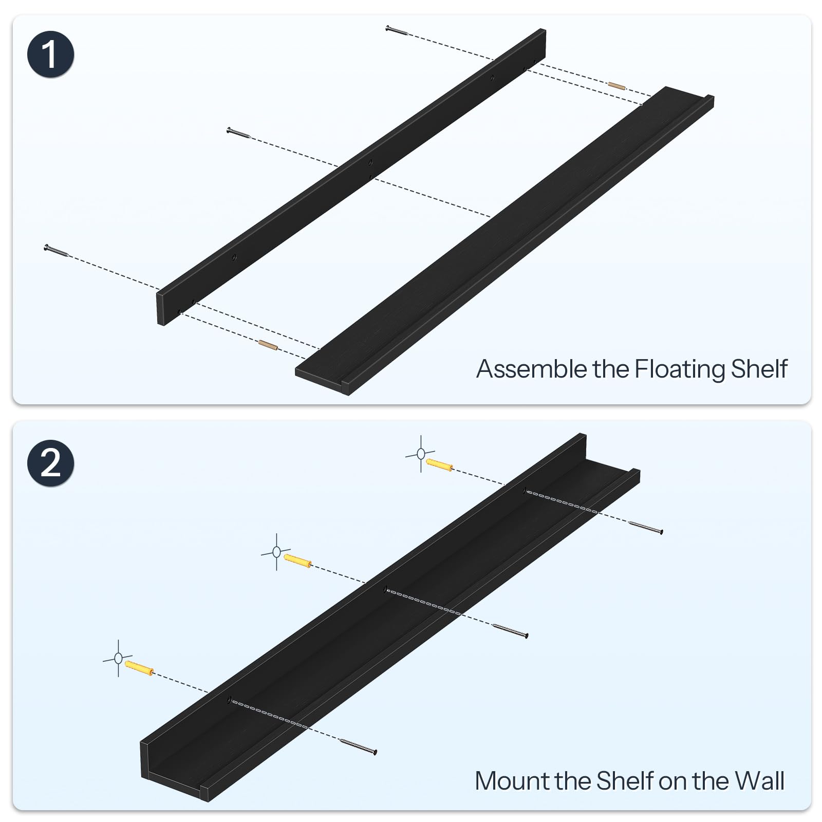 HOOBRO Floating Shelves, Wall Shelf Set of 3, 35.4 Inches Hanging Shelf with Raised Edge and Invisible Brackets, for Bathroom, Bedroom, Kitchen, Office, Living Room Decor, Black BK90BJ01